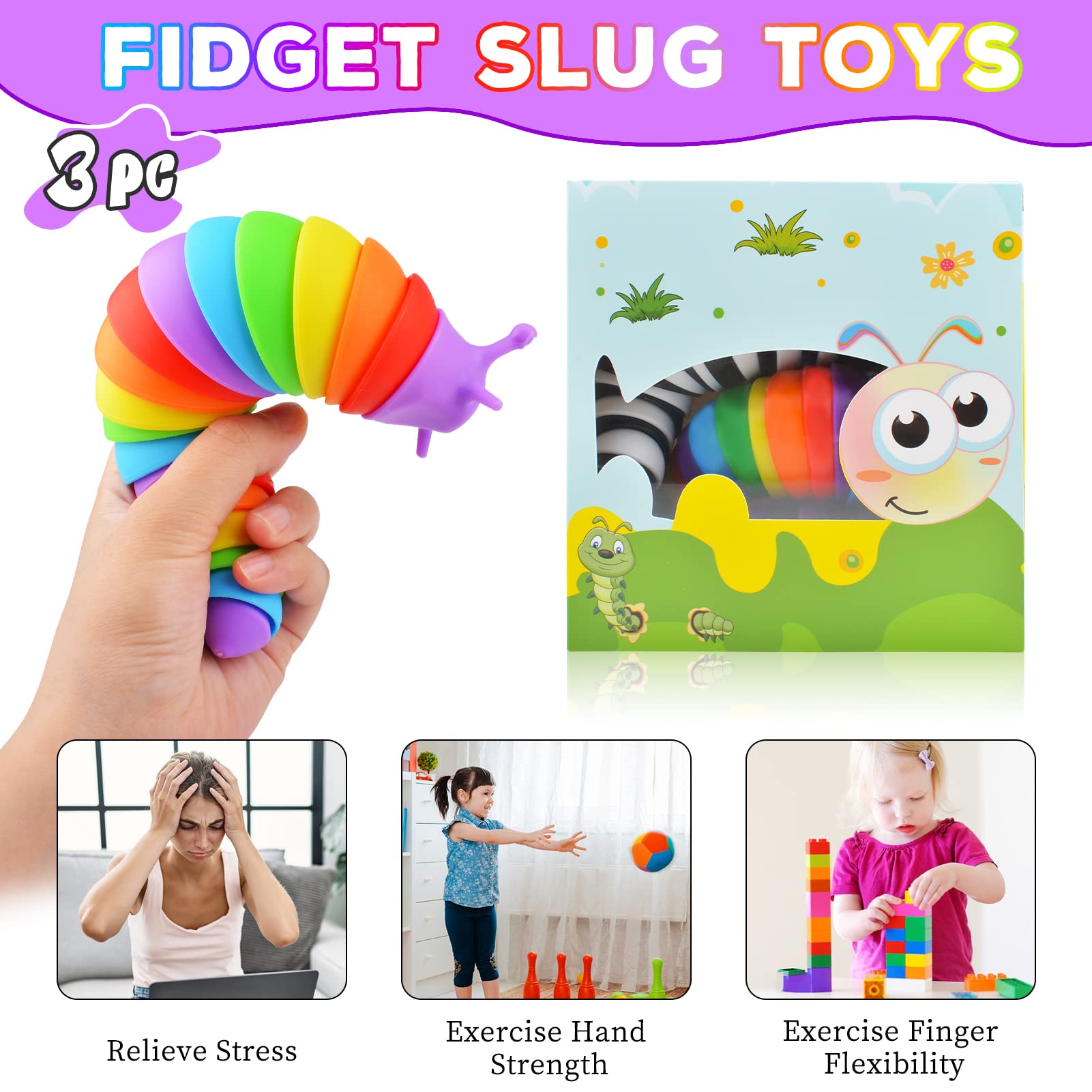 Cevioce Fidget Slug Toy, Sensory Slug Fidget Toy for Kids & Adults, 3Pcs Cute Autism Sensory Toys for Autistic Children, Toddler Stress Relief Toy｜Easter Basket Stuffers Valentines Gift for Kids ADHD