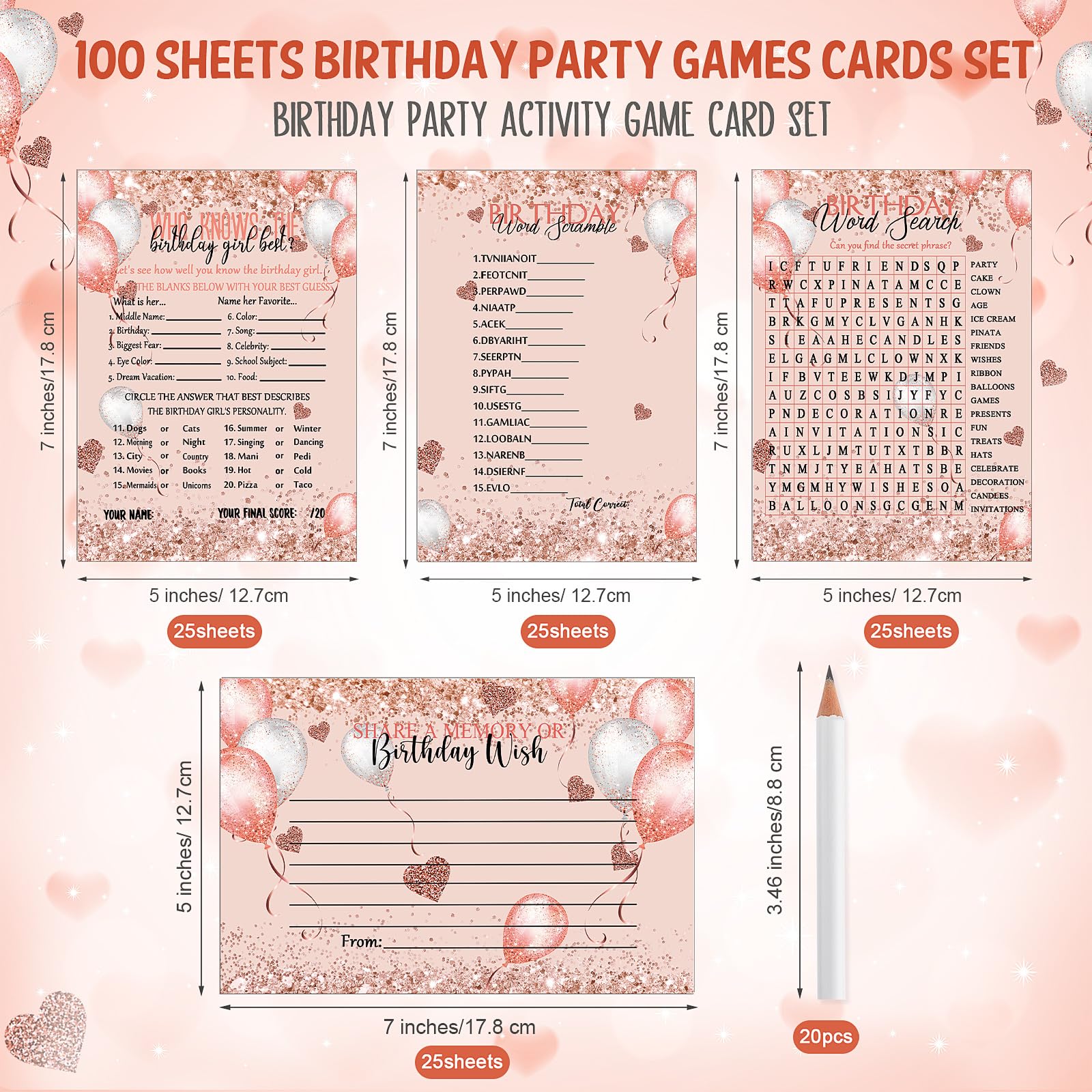 Fumete Birthday Party Games 100 Pcs Who Knows The Birthday Girl Game with 20 Pencils Girly Birthday Cards Set for Child Teen Adults Sweet Sleepover Party Supplies for Girls, 4 Activities (Balloon)