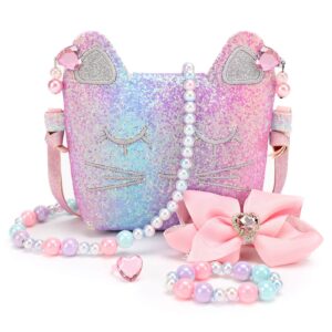 mibasies purse for little girls dress up jewelry pretend play kids accessories gifts presents (pink purple rainbow1)