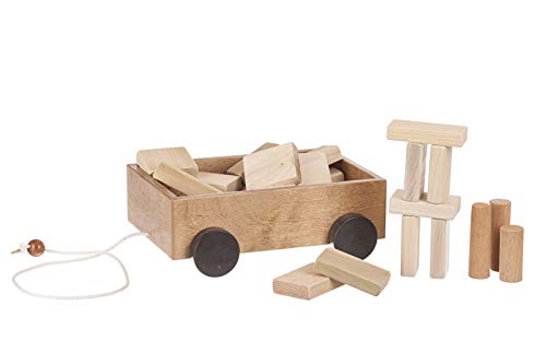 AmishToyBox.com Wooden Toddler Pull Wagon Toy with 24 Wood Building Blocks (Harvest Stain)