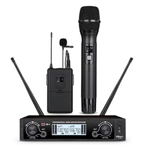 hiberr church wireless microphone, 2channel uhf wireless mic 300ft range, 2x60 adjustable frequencies, good pickup, suitable for church, karaoke, meeting(yu-a20rh)