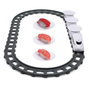 toyvian sushi train set, rotating food train electric train toy japanese sashimi plates sushi serving tray, under christmas tree train track for kids boys girls, child days of week-battery powered