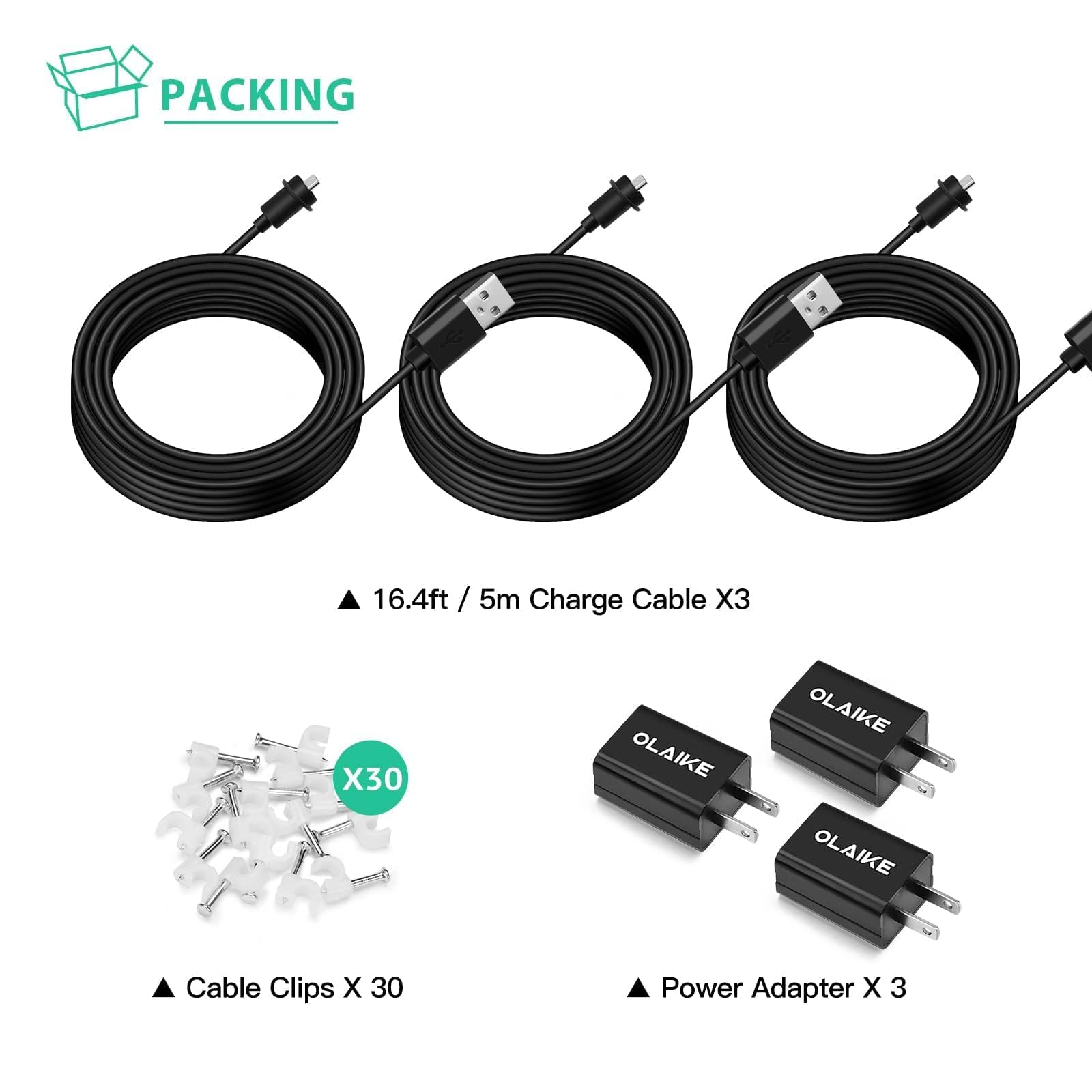 OLAIKE 3-Pack 16ft/5m Weatherproof Power Micro USB Cable with Charger Adapter for Blink Outdoor Indoor 3rd Gen & XT/XT2 Camera, Long Cord Power Continuously Supply, Black