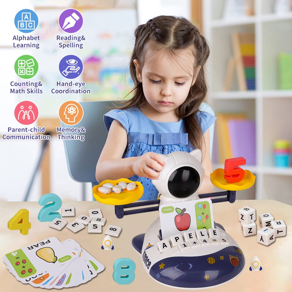 DAZZCOOL 3 in 1 Math Game Toys for Kids 3 4 5 6 7 Year Old, Preschool Learning Activities for Toddlers, Space Balance Learning Toys with Spelling Counting & Reading, Flash Cards Gifts for Boys Girls