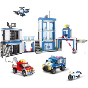 city police station building block set with police car, truck, jail cell, motorcycle, and surveillance drone, imaginative and interactive police toy gift for kids and boys aged 6+ (979 pieces)