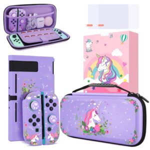 homicozy cute unicorn protection case for nintendo switch,purple hard carrying case with soft tpu protective cover and protection acessories compatible with nintendo switch for girls