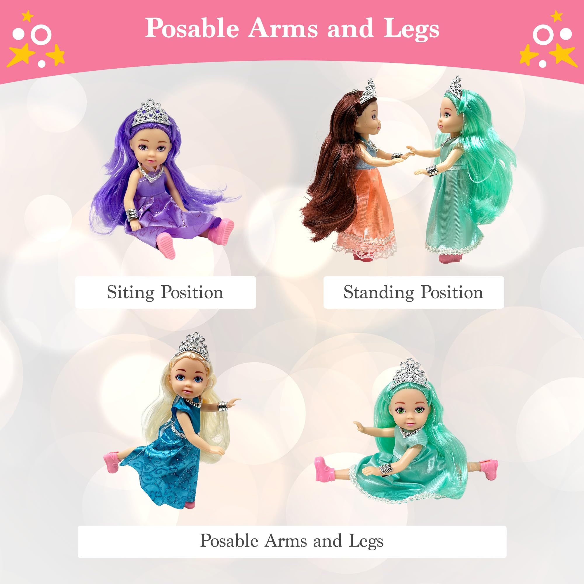 Little Dolls Set with Mini Princess Dolls for Girls – Princess Toy Dolls for Dollhouse –Small Doll Mini Princess Figures with Tiaras, Hair Accessories