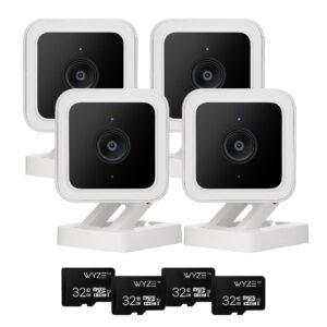 wyze 24/7 recording diy home security system indoor/outdoor ai person detection color night vision compatible with alexa up to 7 days of rolling security footage 4 camera + 4 sd card kit 8 piece set