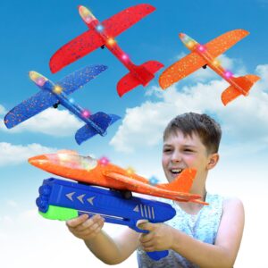 hiktarme 3 pack airplane launcher toys, 2 flight modes led foam glider catapult plane toy for kids, outdoor flying airplane games toys birthday gifts for boys girls 4 5 6 7 8 9 10 11 12 year old