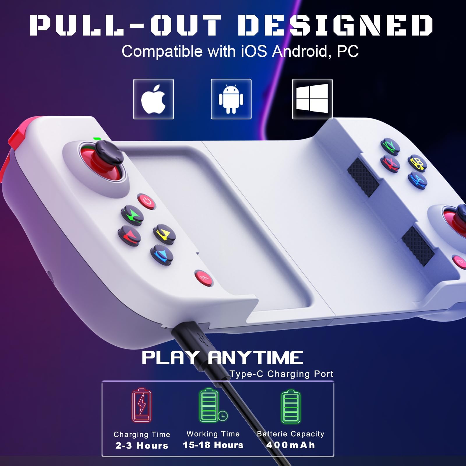 Megadream Mobile Game Controller Gamepad for iPhone iOS Android PC Joystick: Works with iPhone15/14/13/X, iPad, Samsung Galaxy, M-otorola, TCL, Tablet, COD- Wireless Connection (White)