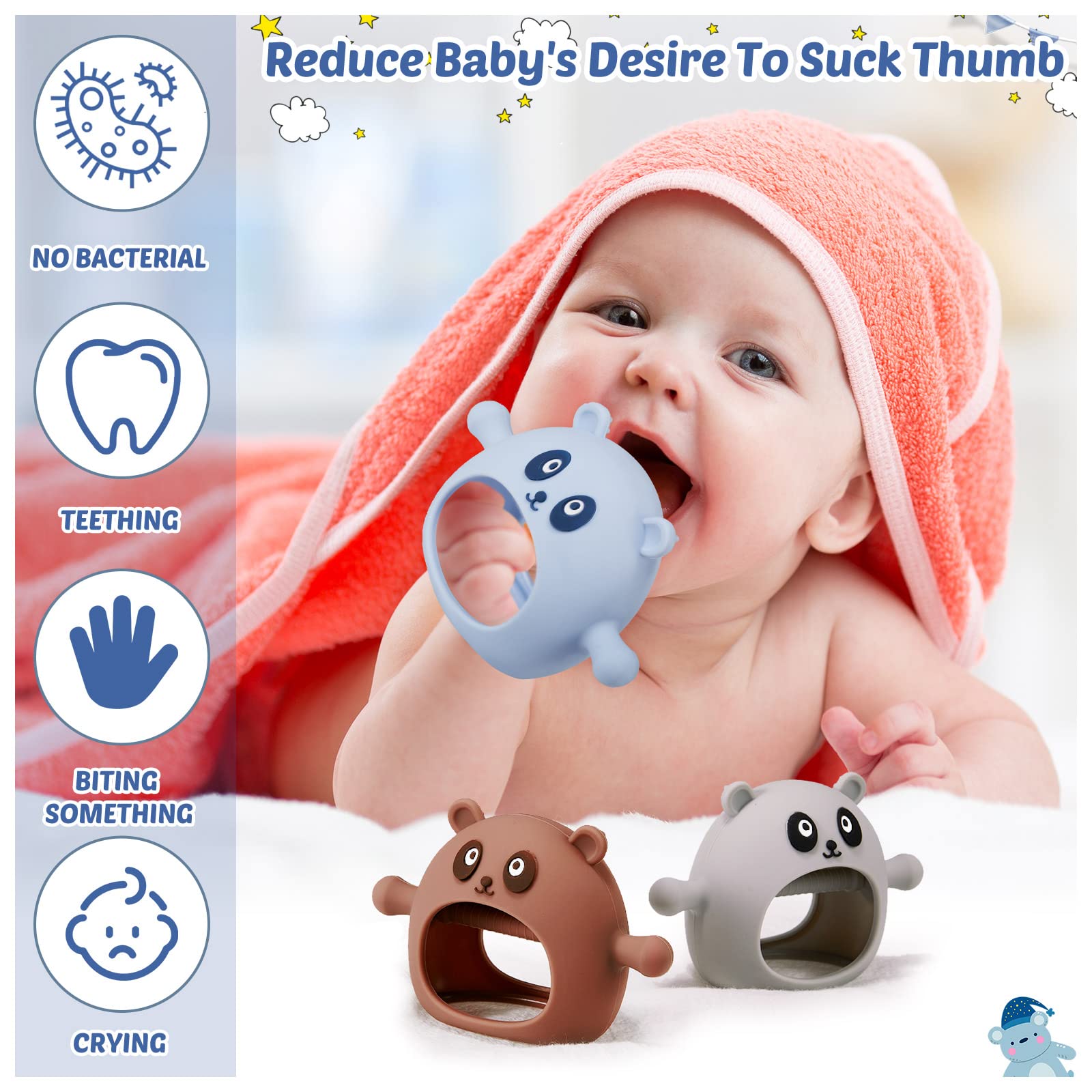 3 Packs Panda Baby Teething Toys for Babies 3 Months+ Silicone Baby Never Drop Teething Toys Anti Dropping Wearable Teething Mittens Baby Teether Baby Chew Toys for Babies Sucking Needs