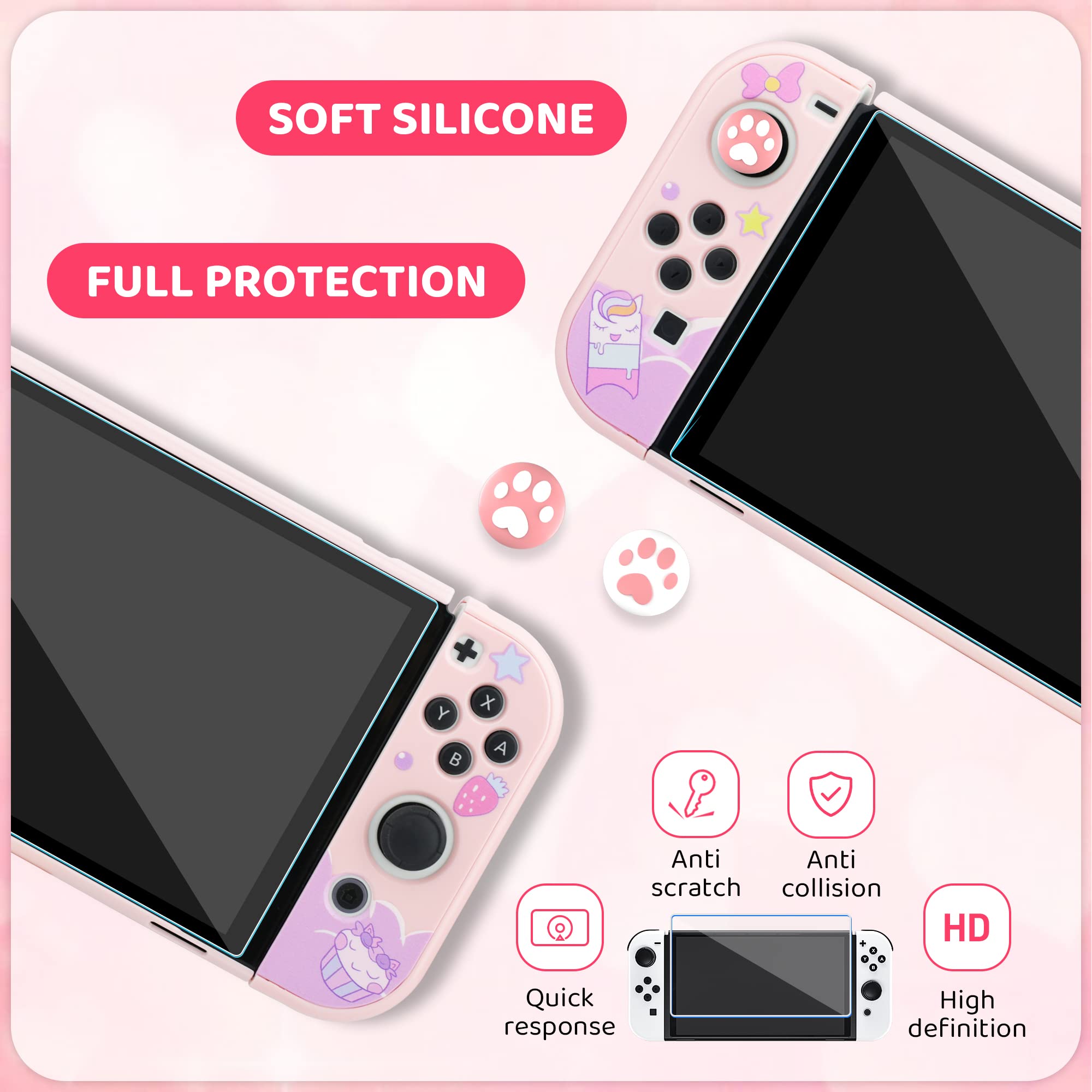 RHOTALL Cute for Carrying Case Set for Nintendo Switch OLED, Pink Storage Case for Switch OLED and Accessories with Protective Case, Screen Protector, Adjustable Shoulder Strap, 2 Thumb Caps