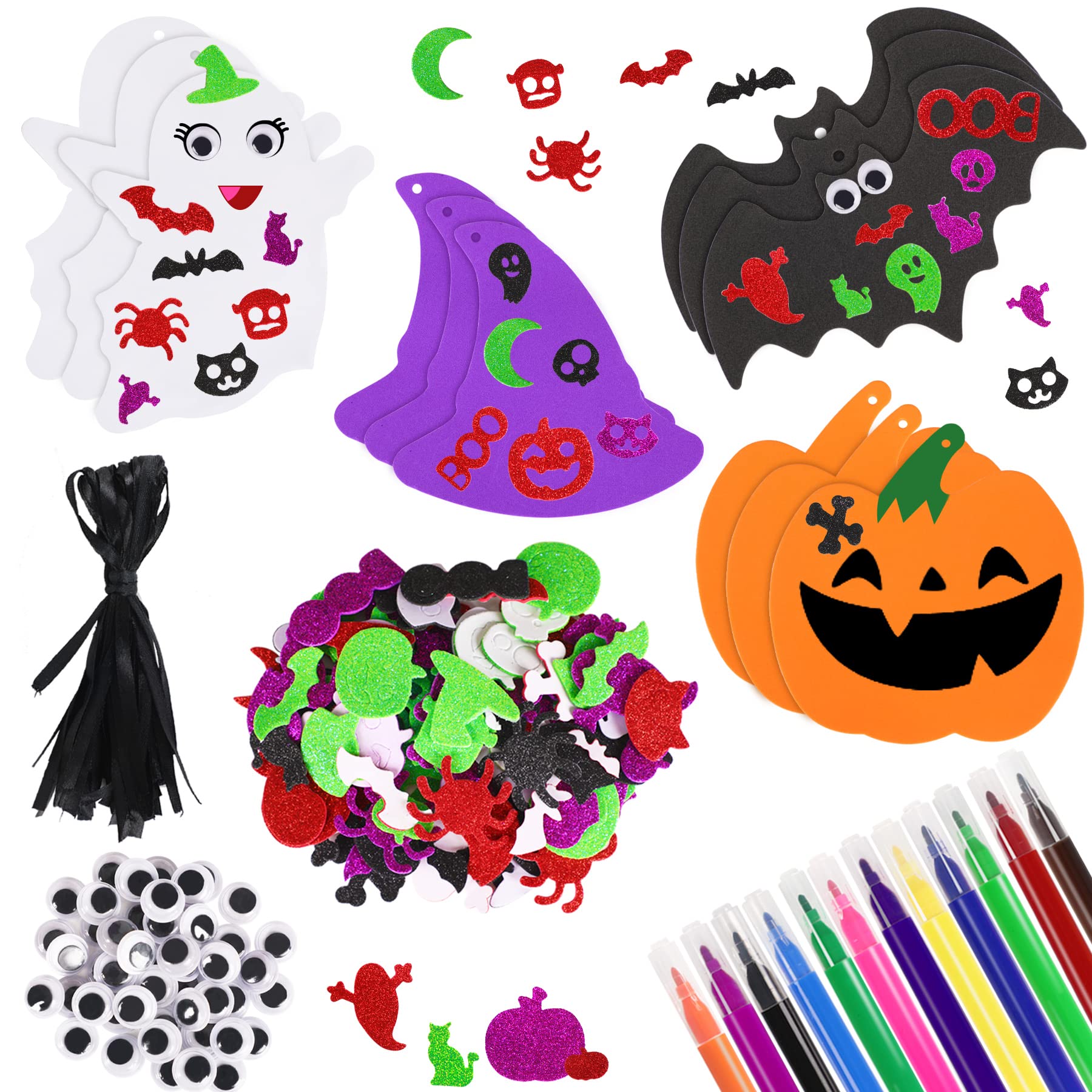 JULBEAR 276 Pcs Halloween Foam Stickers Glitter Crafts Stickers DIY Kits Adhesive Foam Art Stickers for Kids Halloween Decoration Party Supplies