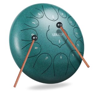 lekato steel tongue drum 13 notes 12 inches, rain chime drum beginner c key handpan drum for meditation yoga musical education, best gift for adult& kids, malachite green