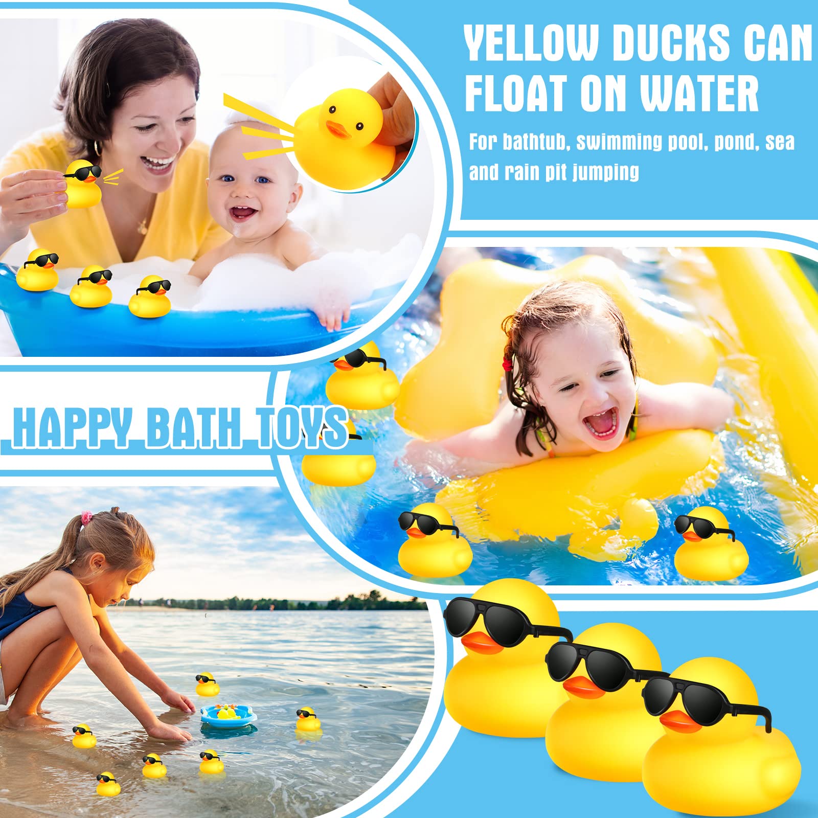 Chivao 100 Pcs Rubber Ducks with Sunglasses in Bulk Mini Yellow Rubber Duck Gifts Squeak Bath Float Bathtub Toys for Cruise Gift Exchange Christmas Birthday Party Supplies