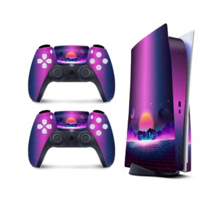 tacky design sunset in the city skin for playstation 5 console and 2 controllers, ps5 galaxy skin vinyl 3m decal stickers full wrap cover (disc version)