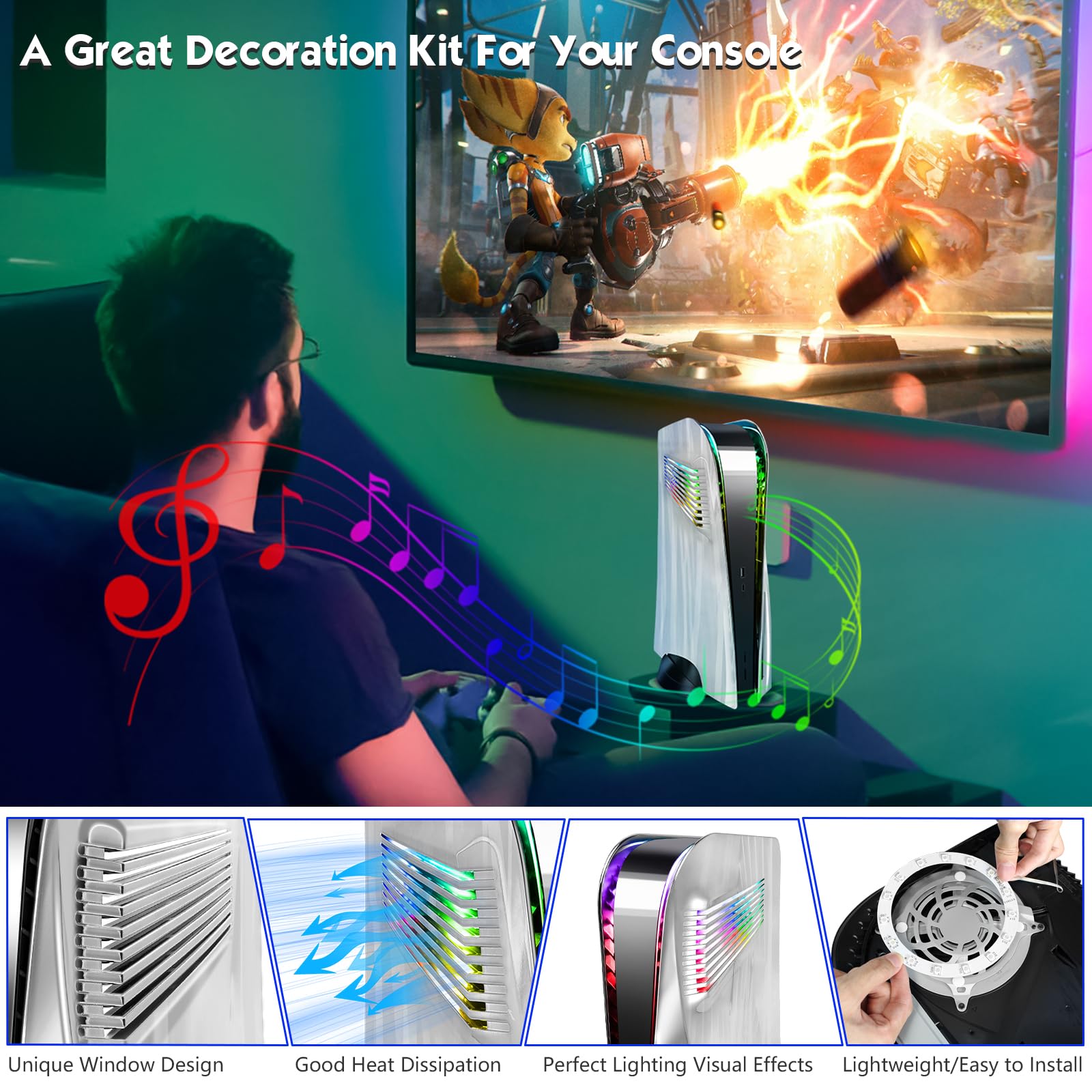 SIKEMAY PS5 Plates Console Accessories with Cooling Vent and RGB LED Light Strip for PlayStation 5 Disc Edition, PS5 Cover Face Plates Hard Shockproof Side Shell Skin, 8 Colors 400 Effects - Silver