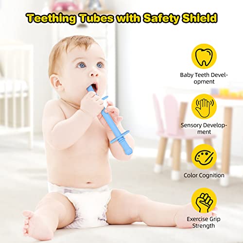 Fu Store Hollow Teether Tube Chew Straw Toy for Infant Toddlers Silicone Tubes Teething Toys for Babies 3-12 Months BPA Free/Freezable/Dishwasher and Refrigerator Safe (5 Pack)