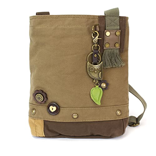 CHALA Patch Cross-Body Women Handbag, Canvas Messenger Bag, Metal Charming Owl - Olive