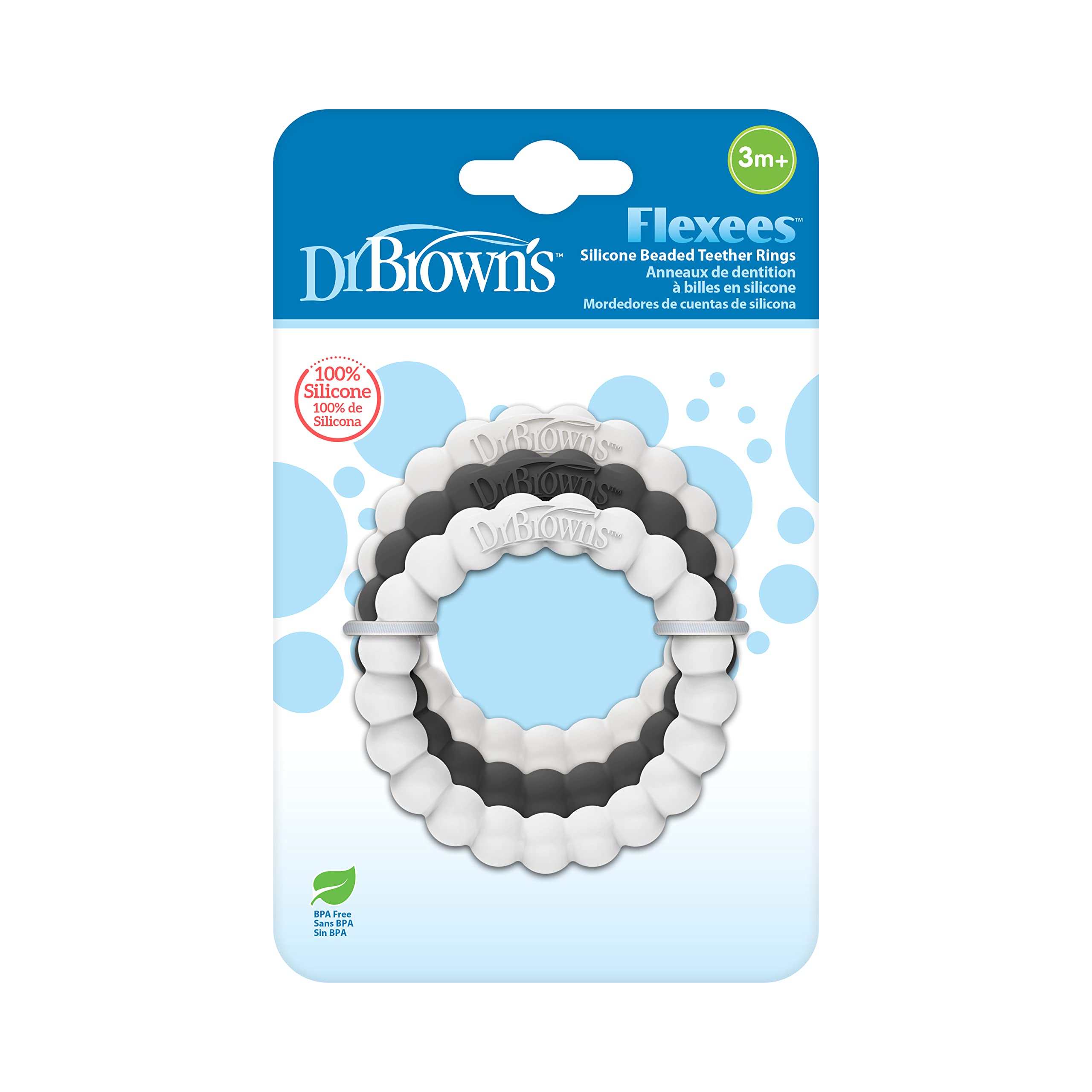 Dr. Brown's Flexees Beaded Teether Rings, 100% Silicone, Soft & Easy to Hold, Encourages Self-Soothe, 3 Pack, Black, White, Gray, BPA Free, 3m+