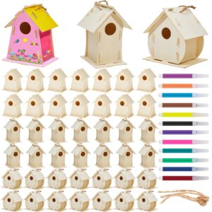 21 sets diy birdhouse kit to build and paint, include unfinished wooden bird house, strips and colorful painting pens for fun craft activity creative diy art project