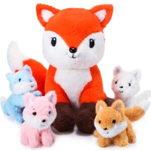 hydren 5 pcs fox plush toy set 14 inch mommy fox stuffed animal with 4 cute plush baby foxes in tummy soft cuddly fox plushies for baby shower birthday gifts woodland party decor favors