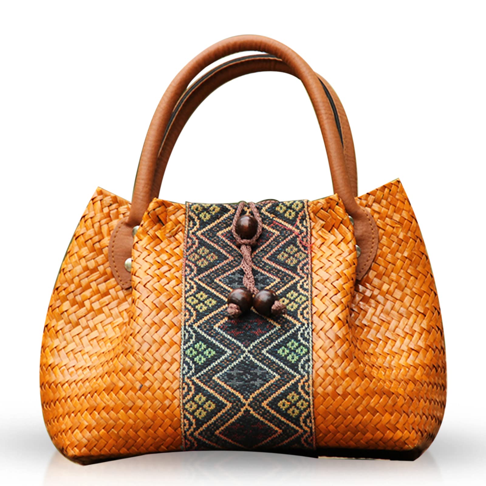 QTKJ Beach Bag for Women, Handmade Rattan Tote Bag, Leather Handle, Boho Retro pattern Straw Woven Handbag, Large Summer Beach Vacation Bag (Khaki)