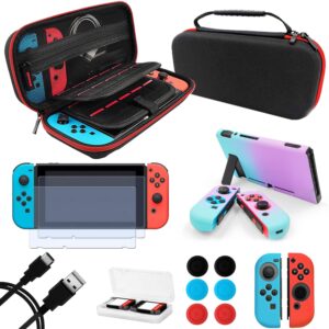 ansippf nintendo switch accessories 9-in-1, carrying case, grip protective cover/joy-con/analog cap/card case, screen protector, cable & more value bundle