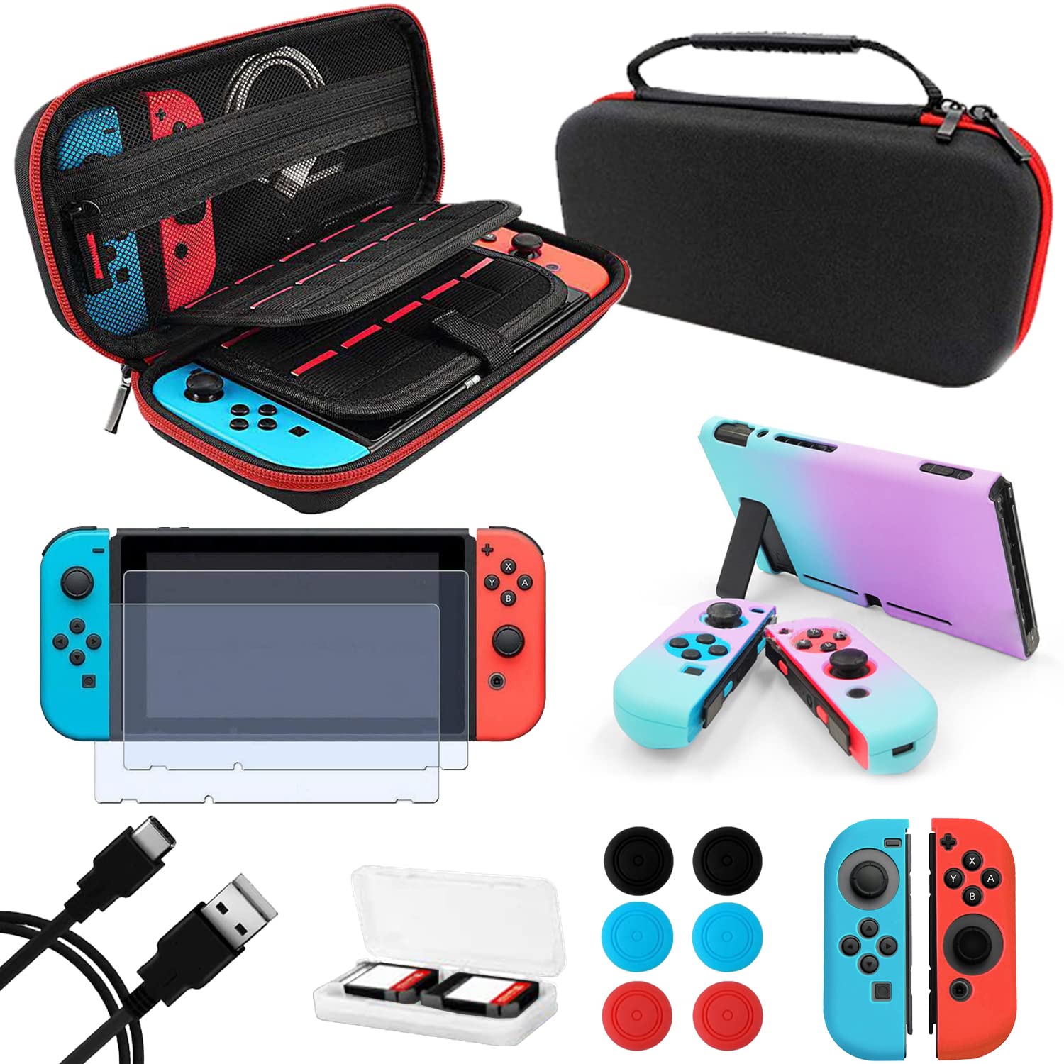 ANSIPPF Nintendo Switch Accessories 9-in-1, Carrying Case, Grip Protective Cover/Joy-Con/Analog Cap/Card Case, Screen Protector, Cable & More Value Bundle