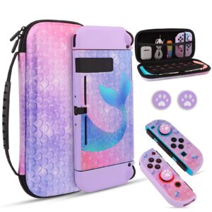 homicozy purple mermaid hard carrying case for nintendo switch,soft tpu protective case cover with portable travel case compatible with nintendo switch for girls