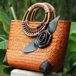 QTKJ Summer Beach Bag, Boho Handmade Rattan Handbag, Round Bamboo Handle and Silk Flower, Large Straw Retro patternTote Bag for Beach Vacation Daily(Brown)