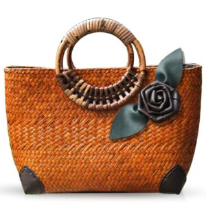 qtkj summer beach bag, boho handmade rattan handbag, round bamboo handle and silk flower, large straw retro patterntote bag for beach vacation daily(brown)