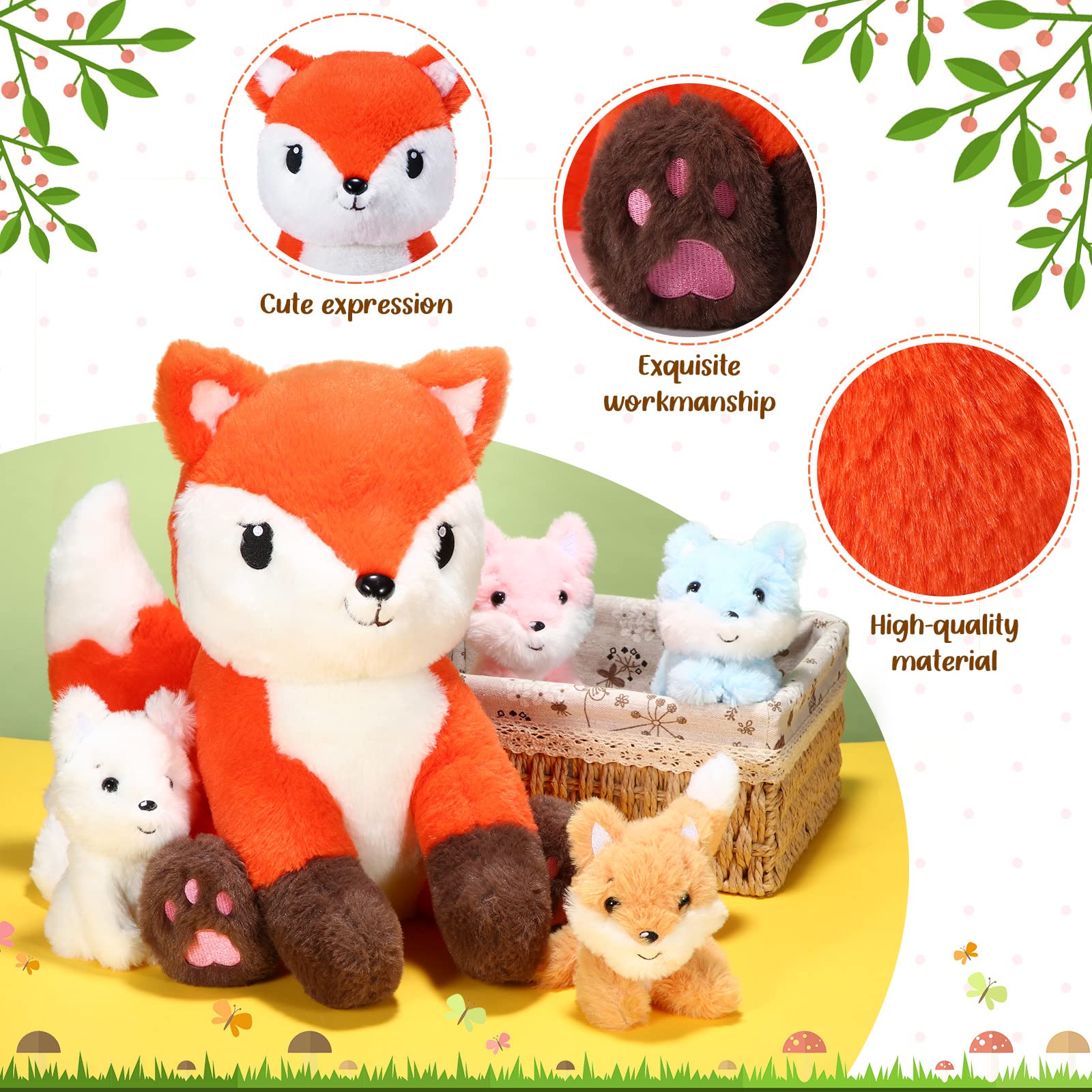 HyDren 5 Pcs Fox Plush Toy Set 14 Inch Mommy Fox Stuffed Animal with 4 Cute Plush Baby Foxes in Tummy Soft Cuddly Fox Plushies for Baby Shower Birthday Gifts Woodland Party Decor Favors