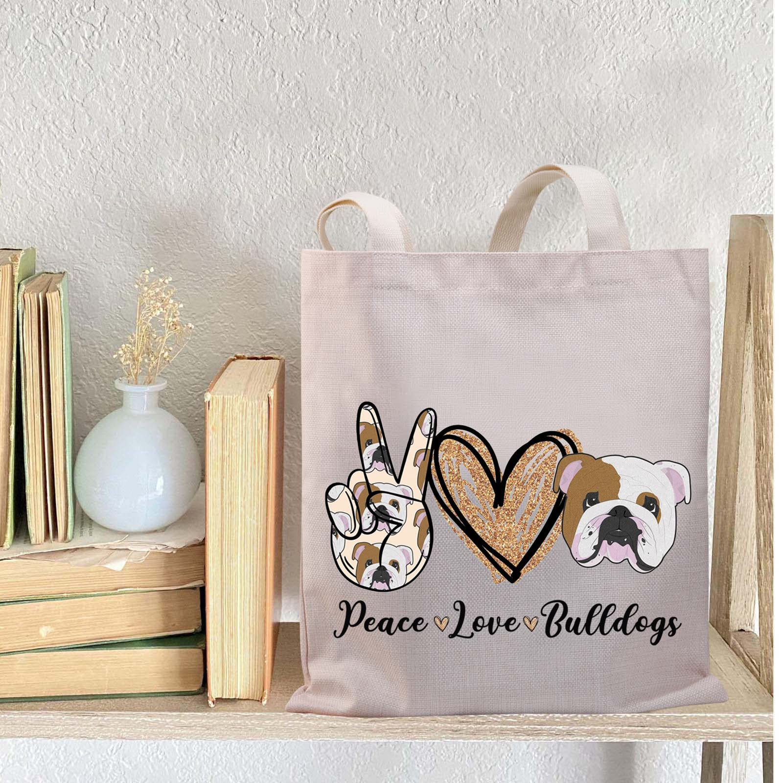 BDPWSS English Bulldog Tote Bag For Women Bulldog Mom Gift Bulldog Owner Gift Peace Love Bulldog Canvas Shoulder Bag (Peace bulldogs TG)