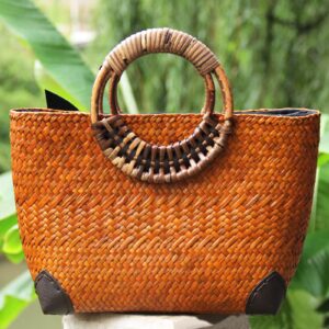 QTKJ Summer Beach Bag, Boho Handmade Rattan Handbag, Round Bamboo Handle and Silk Flower, Large Straw Retro patternTote Bag for Beach Vacation Daily(Brown)