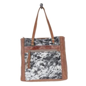 Myra Bag Cowhide Purse - Oakley Specks Cowhide Purses for Women with Floral Tooled Leather Accent, Cow Hide Purse and Canvas Tote, Cowhide Fringe Purse, Western Gifts for Women