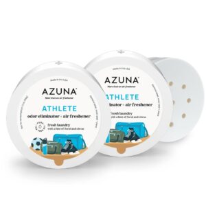 azuna all-natural odor remover gel, small gym bag | air purifier with tea tree oil | plant-based & long lasting | for smoke & pet odor | athlete, 2 oz. (3 pack)