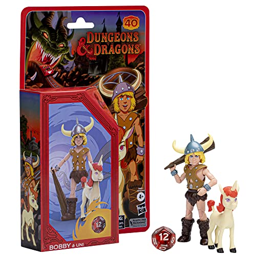 Dungeons & Dragons Cartoon Classics 6-Inch-Scale Bobby & Uni 2-Pack Action Figures, D&D 80s Cartoon, Includes d12 from Exclusive D&D Dice Set