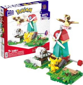 mega pokémon building toys set, countryside windmill with 240 pieces, motion and 3 poseable action figures, for kids