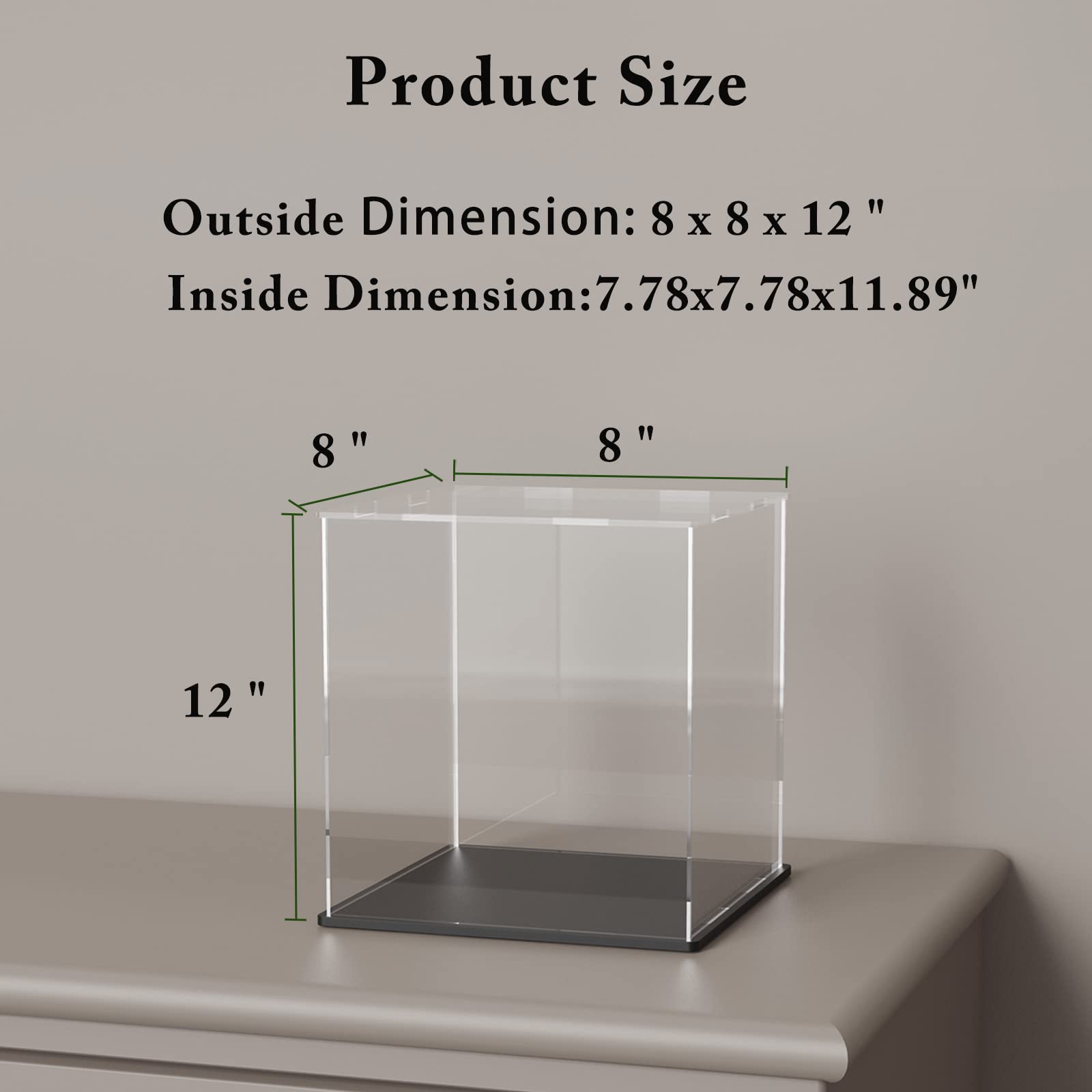 HEMYLU Acrylic Box with Matte Black Base, Simple Self-Assembly Clear Acrylic Display Case, Tall Dustproof Showcase with Lid for Collectibles, Toys and Trophy (8x8x12 inch)