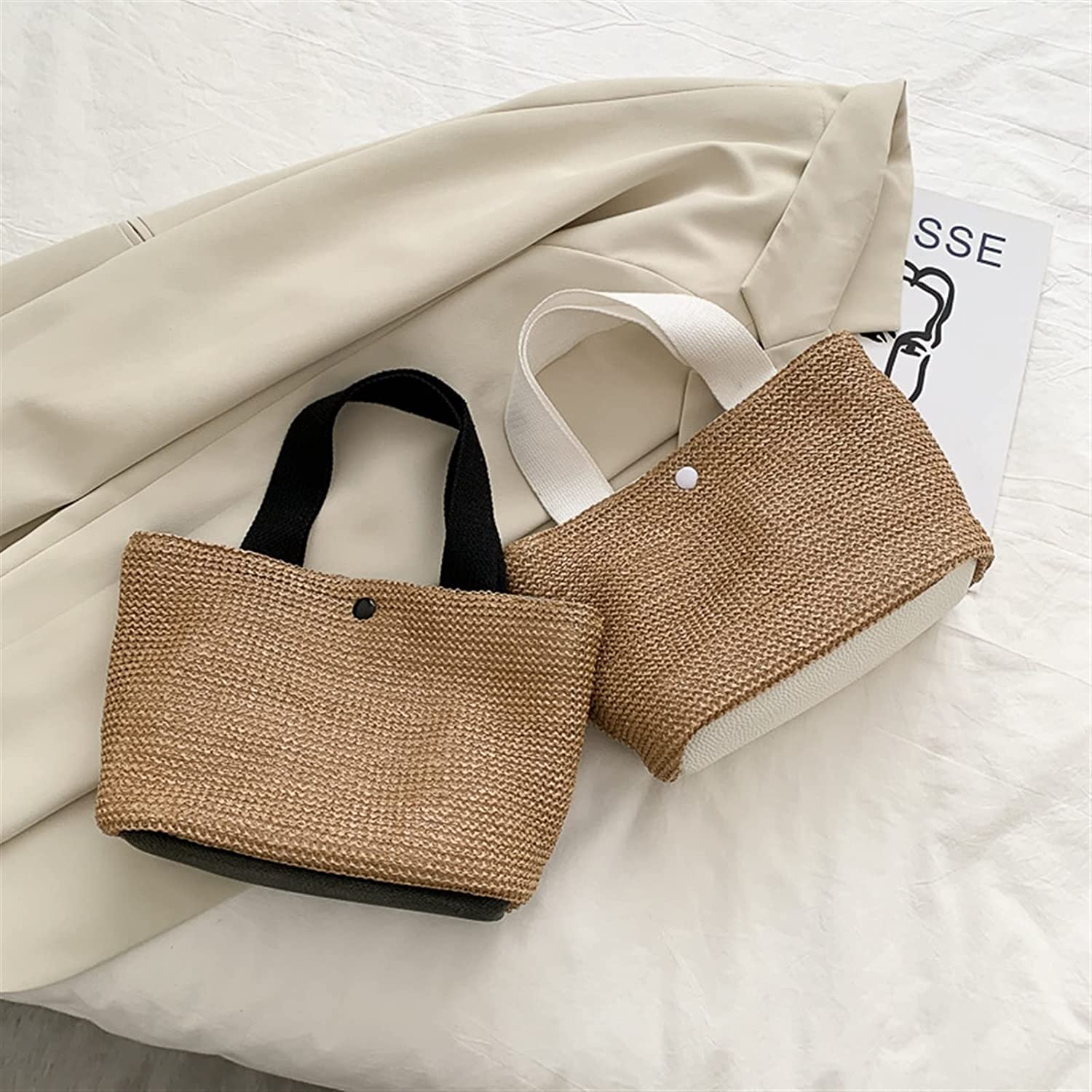 Beach Bag Straw Bags Hand-Woven Straw Bag, Straw Bag, Retro Fashion Woven Bag Handbag Straw Female Bag Lady Soft Bags Bags (Color : Black)