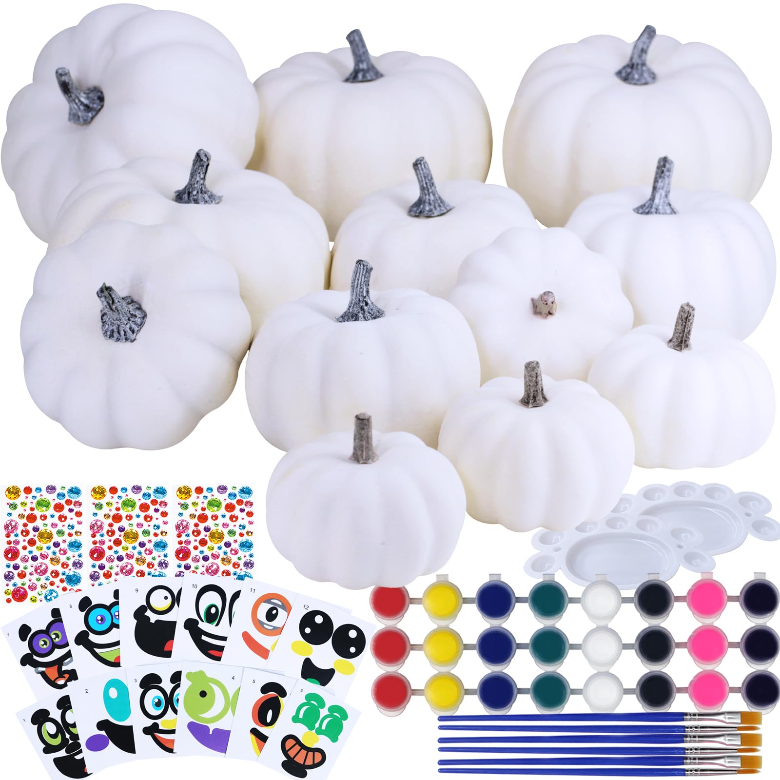 Winlyn 12 Sets DIY Fall Pumpkin Painting Kits Assorted White Foam Pumpkins Craft Pumpkins to Paint for Kids Classroom Activity Art Projects Halloween Thanksgiving Fall Gifts Party Favors Holiday Décor