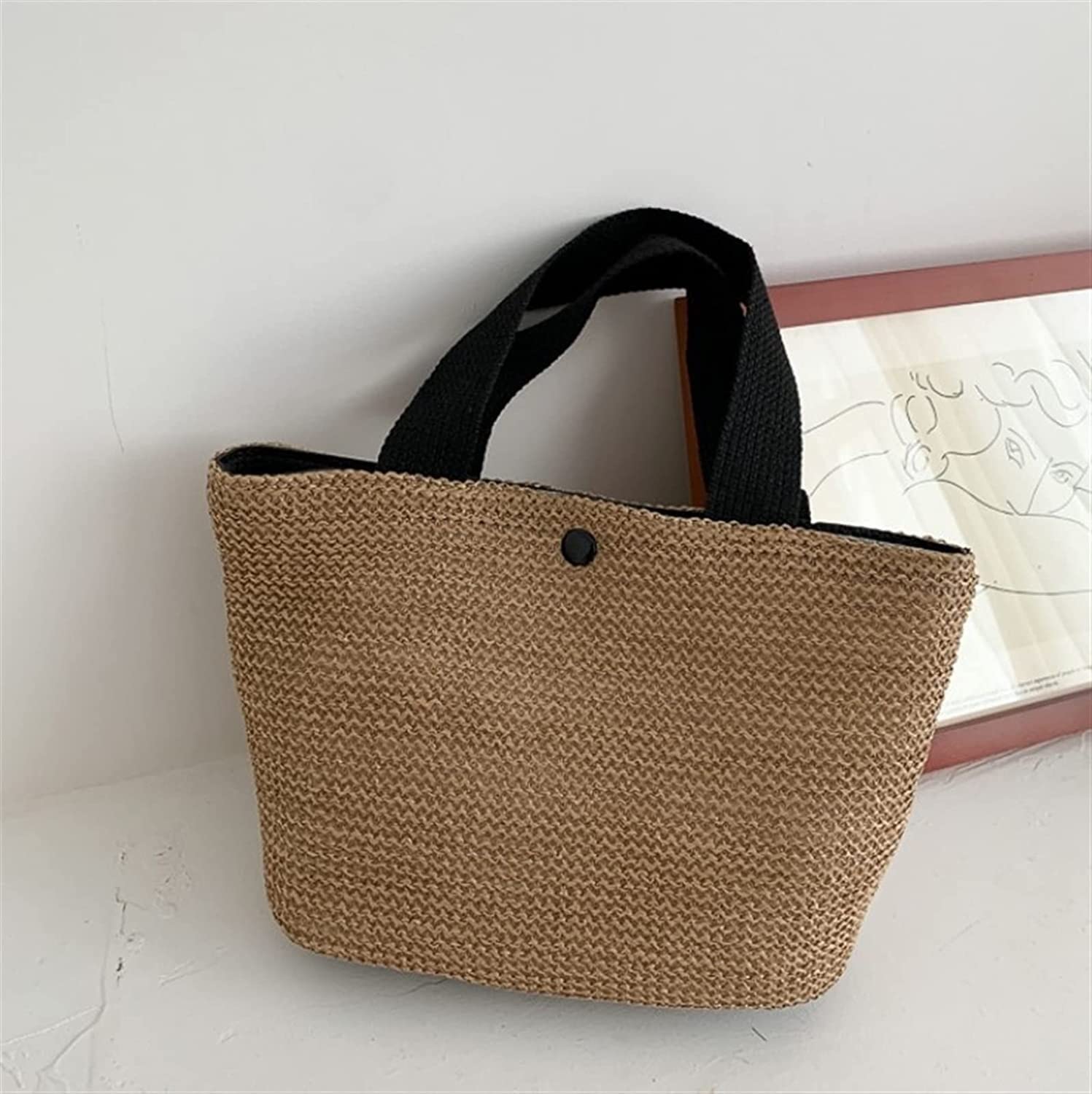 Beach Bag Straw Bags Hand-Woven Straw Bag, Straw Bag, Retro Fashion Woven Bag Handbag Straw Female Bag Lady Soft Bags Bags (Color : Black)