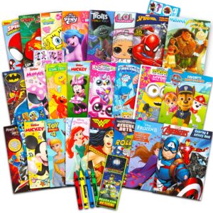 24 bulk coloring books for kids ages 4-8 - assorted 24 licensed coloring activity books for boys, girls | bundle includes full-size books, crayons, stickers, games, puzzles, more (no duplicates)