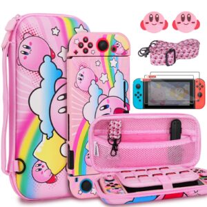 tikodirect carrying case for nintendo switch, cute portable travel bag in newest updated design of pink interior with soft protective case, screen protectors and thumb grip caps, kirby