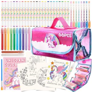 66 pcs washable markers set for girls with glitte pencil case, birthday gifts for girls 4 5 6 7 8 year old, coloring set with unicorn coloring pages