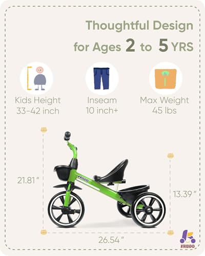 KRIDDO Tricycles Age 24 Month to 4 Years, Toddler Kids Trike for 2.5 to 5 Year Old, Gift for 2-4 Year Olds , Green