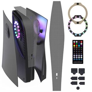 face plates for ps5 console + rgb led light strip + dust cover net, playstation 5 kit with fan vents faceplate shockproof abs shell, pets hair anti-dust cover, 8 colors rgb led light ring. (black)