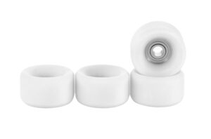 teak tuning apex 61d urethane fingerboard wheels - slim bowl shaped, 7.5mm diameter - abec-9 stealth bearings - made in the usa - "white snow" colorway