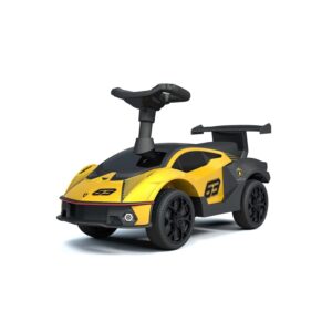 best ride on cars lamborghini essenza scv12 push car - toy car for toddlers, kids car with realistic steering wheel, in-built music, horn, comfy seat, backrest, secret storage, yellow large